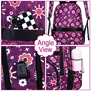 TXHVO 3Pcs Backpack for Girls, Water Resistant Flowers Bookbag, Elementary Backpacks for Teens Students School with USB Charging Port (Purple)