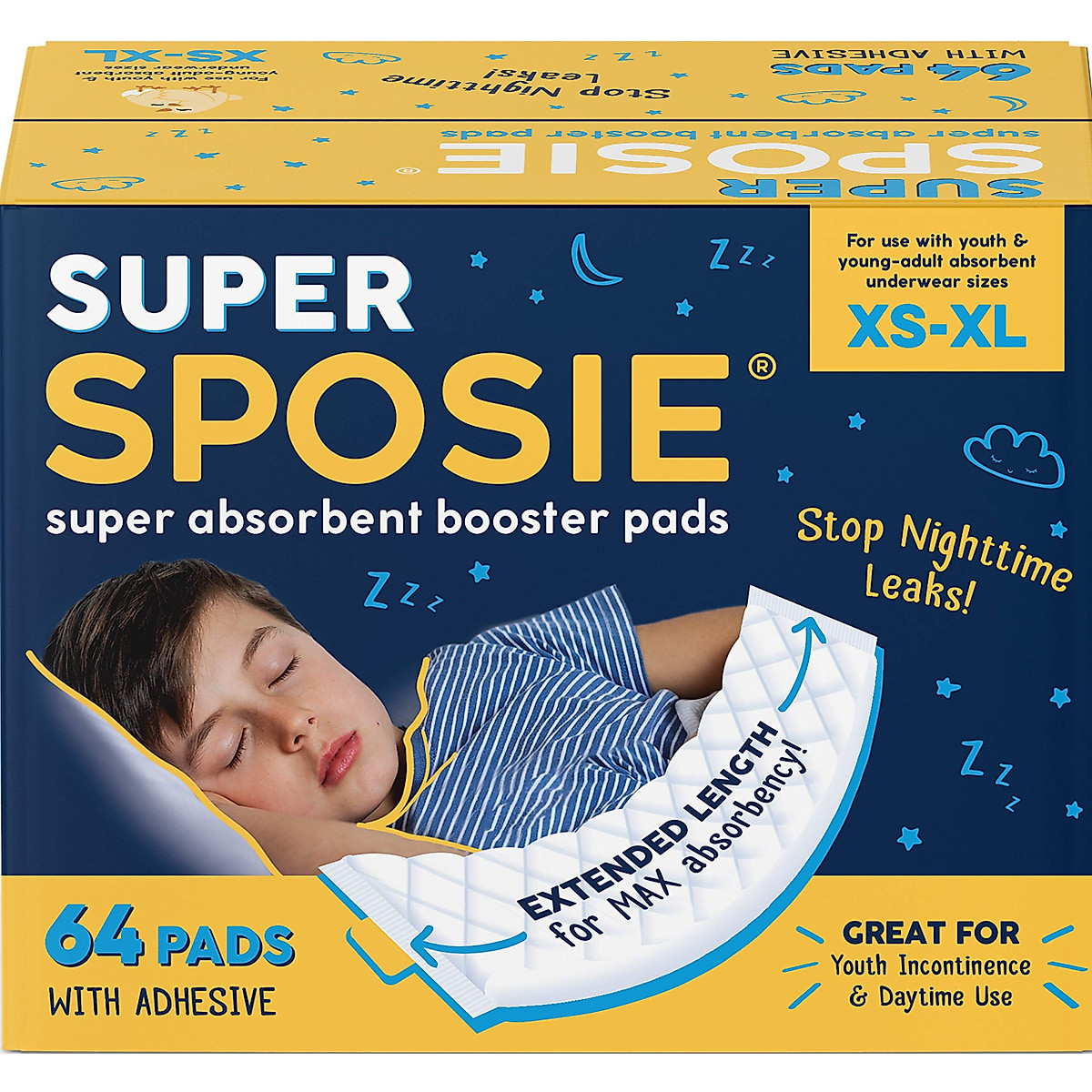 Super Sposie Booster Pads, Max Absorbency for Nighttime Diapers, Use with Overnight Diapers Size 5+ and Night time Pull ups, Incontinence Protection