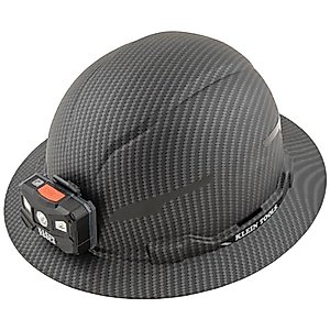 Klein Tools 60346 Hard Hat, Non-Vented Full Brim, Class E, Premium KARBN Pattern, Rechargeable Lamp, Padded Sweat-Wicking Sweatband, Top Pad Large