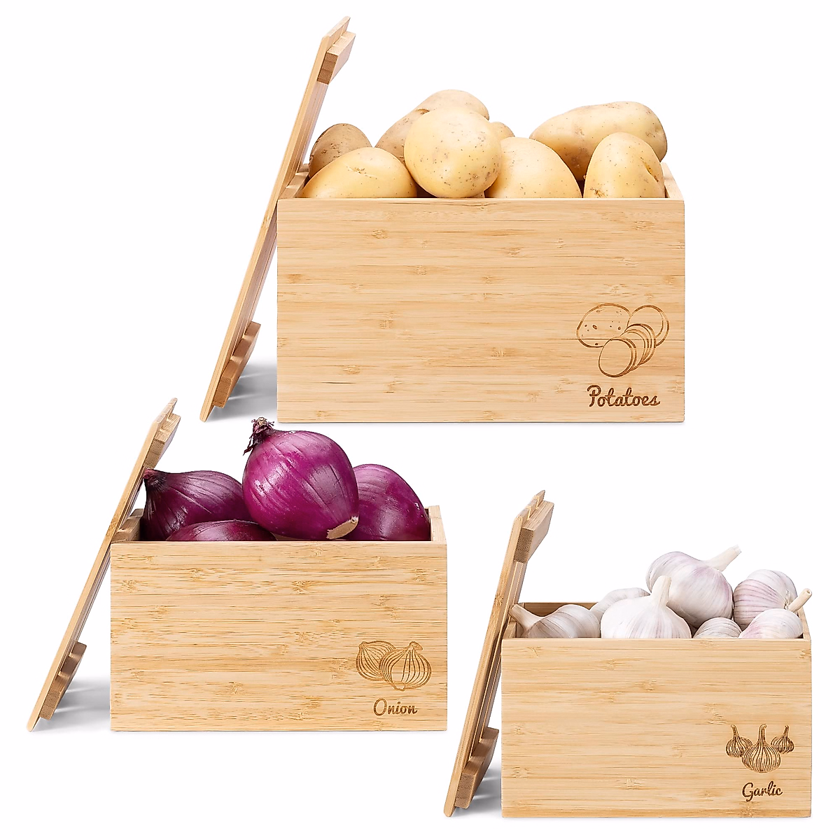 Navaris Bamboo Stackable Potato Onion & Garlic Storage, Set of 3 - Vegetable Storage Crates for The Home and Kitchen - Storage Boxes for Vegetables