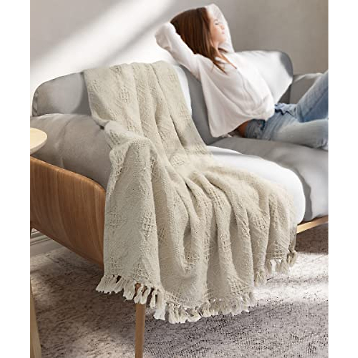 Maxpeuvon Beige Throw Blanket Boho Soft Cozy Knit Blanket with Tassel, Solid Decorative Blankets and Throws, Decor Blanket for Bed, Travel Blanket, Sofa, 50"×60"