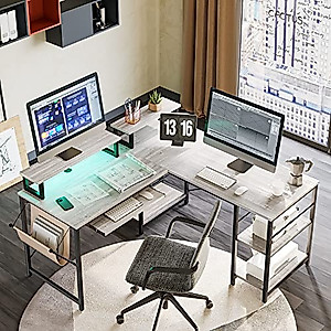 Bestier L Shaped Office Desk with Led Light 95.2 Inch Gaming Corner Desk or 2 Person Long Table with Shelves Monitor Stand and Keyboard Tray for Home Office, White Wash