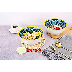 bozopion 56 oz Ceramic Salad Bowls,8 Inch Serving Bowls,Set of 2,Porcelain Bowls for Kitchen,White Blue and Yellow