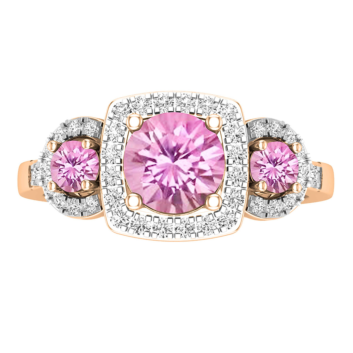 Dazzlingrock Collection Round Lab Created Pink Sapphire & Natural White Diamond Women 3 Stone Halo Style Engagement Ring, 10K Rose Gold, Size 7