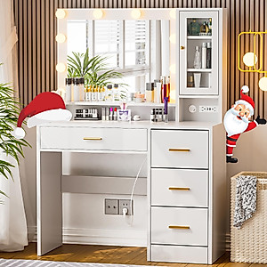 Likein Vanity Desk with Mirror and Lights, White Vanity Makeup Desk with Drawer & Glass Storage Cabinet & Charging Station, 3-Color Lights Adjustable Brightness, Make Up Dressing Table for Bedroom