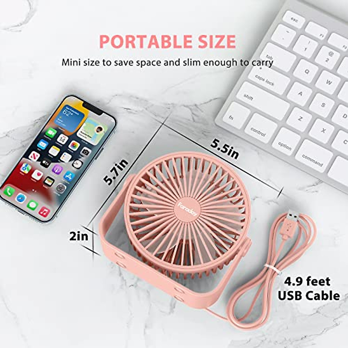 FARADAY USB Desk Fans 5 Inches Portable Table Fans 360° Head Rotation Small Personal Desktop Fan for Home Office, 3 Speeds, Pink