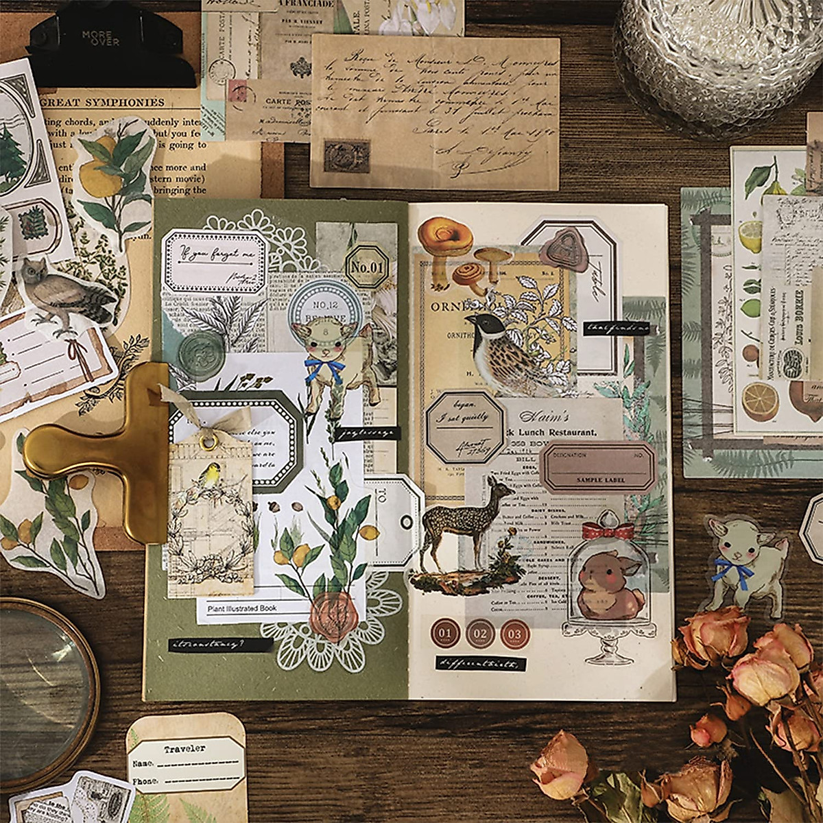 BLEDS 400PCS Vintage Journaling Supplies Pack, Scrapbook Paper Kit Aesthetic Scrapbook Paper Set Postage Stamp Stickers for Junk Journals Planner Retro Craft