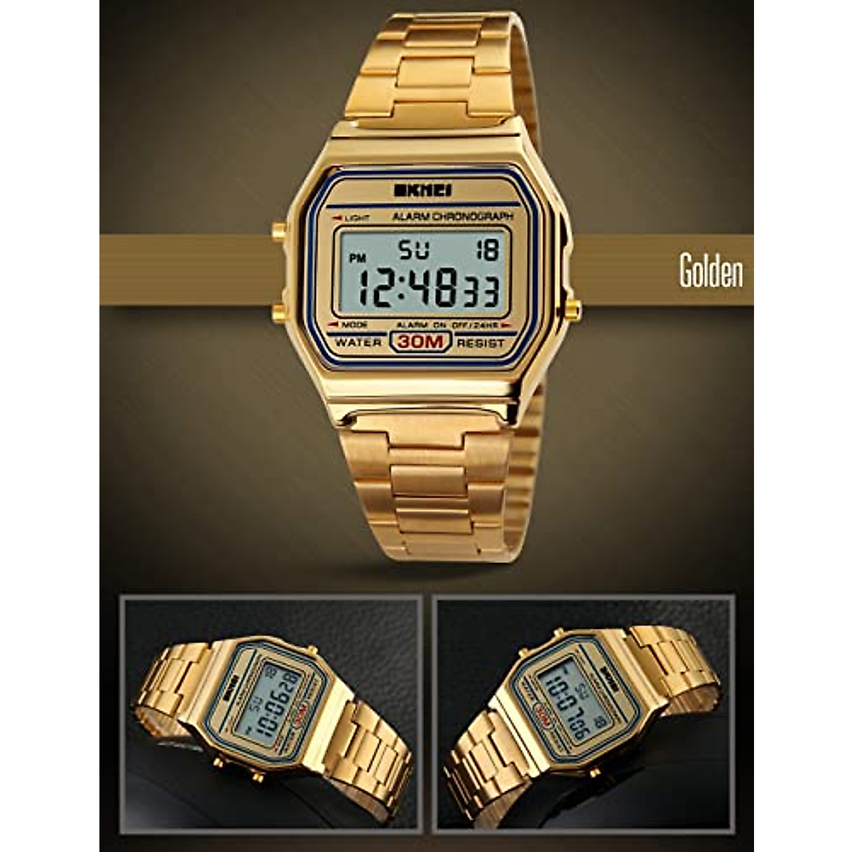 PASOY Men's Digital Gold Stainless Steel Watch Backlit Multifunction Stopwatch Waterproof Sport Watches Reloj (Gold)