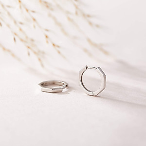 SWEETV 925 Sterling Silver Huggie Hoop Earrings for Women 15mm Small Lightweight Polished Hexagonal Hoops