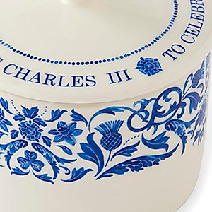 Portmeirion Home & Gifts Spode King Charles III Coronation Lidded Covered Sugar Bowl 280ml, Blue & White Pattern UK Made