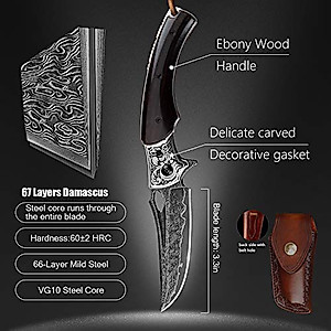 SPIRIT DEED 3.5in handmade japanese vg10 damascus steel blade folding pocket knife for men and women,leather sheath,ebony wood handle,liner lock,edc outdoor knives for camping