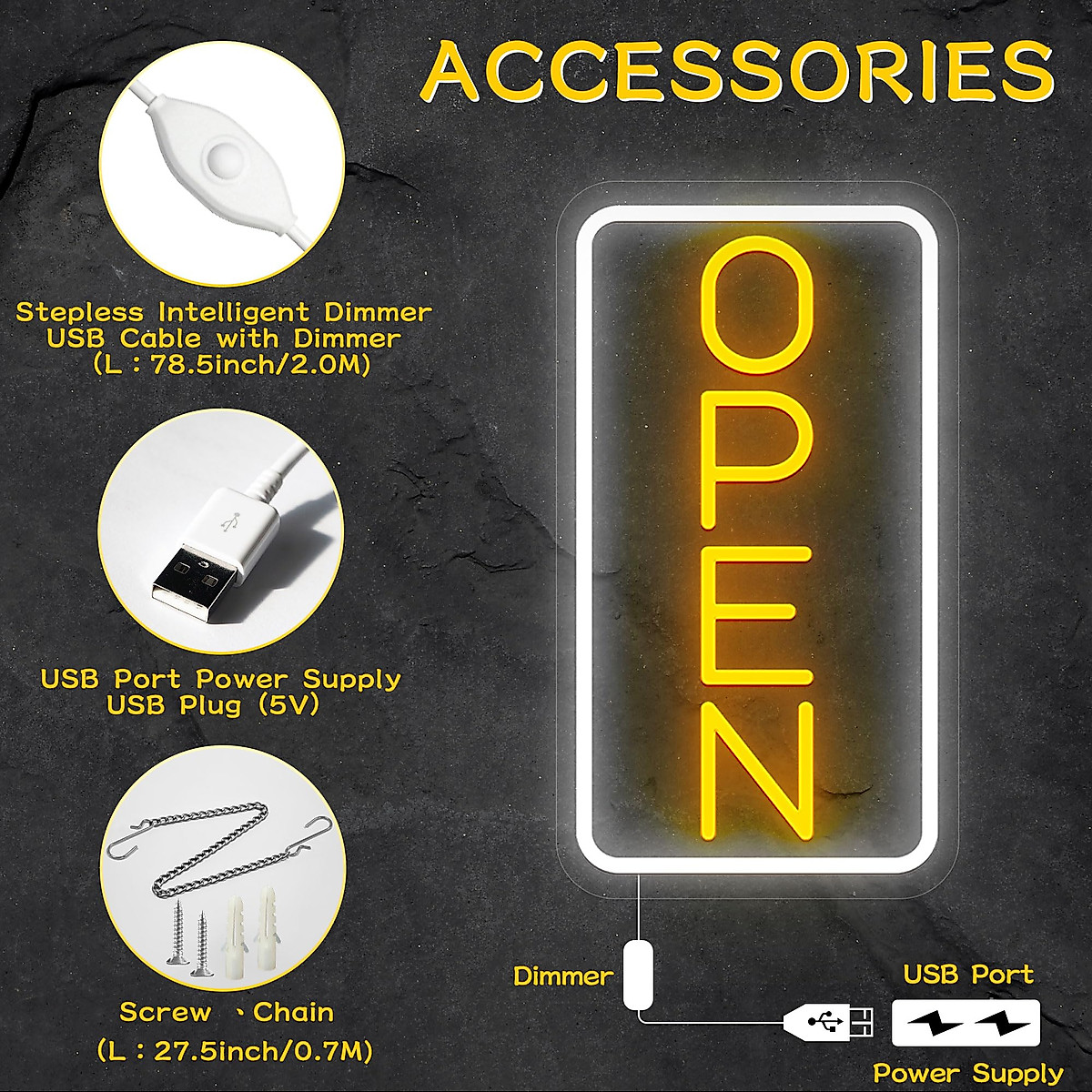 Neon Open Sign, Open Sign Led, 9" x 16" Dimmable Open Sign, Ultra Bright Open Signs for Business, USB Powered Led Light Sign for Party Bar Stores Wall Decor