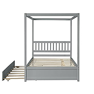 HAUSHECK Full Size Canopy Bed Frame with Trundle, Four-Poster Canopy Platform Bed Frame with Headboard for Kids, Teen, Adults, Sturdy Wooden Slatted Structure, No Box Spring Needed, Easy Assembly
