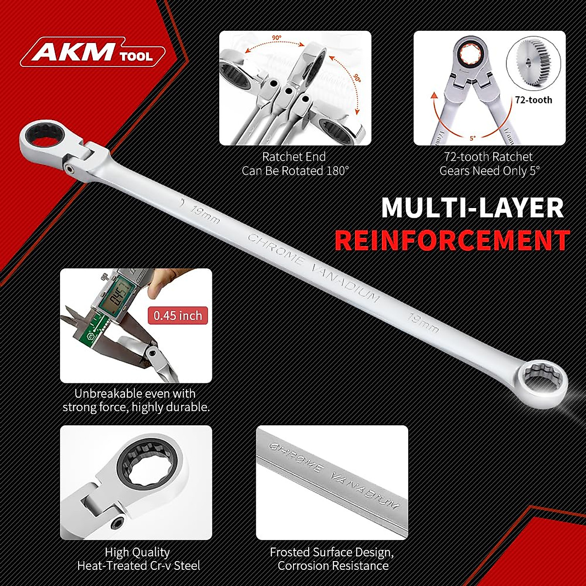 AKM TOOL 27 PC Flex Head Ratcheting Wrench Set, Metric | 72-Tooth | 8-22mm | Extra Long Double Box End Ratchet Wrench Flex Head Wrench Set