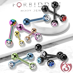 Forbidden Body Jewelry 14G 16mm (5/8 Inch) CZ Crystal Surgical Steel Rainbow IP Plated Tongue Ring