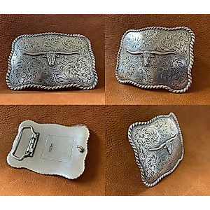 H8143 Western Antique Silver Texas Longhorn Steer Head Belt Buckle (Antique Silver)