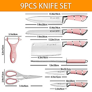 Kitchen Knife Set, Retrosohoo 9-Pieces Pink Sharp Non-Stick Coated Chef Knives Block Set ,Stainless Steel Knife Set for Kitchen with Sharpener for Cutting Slicing Dicing Chopping (Pink)