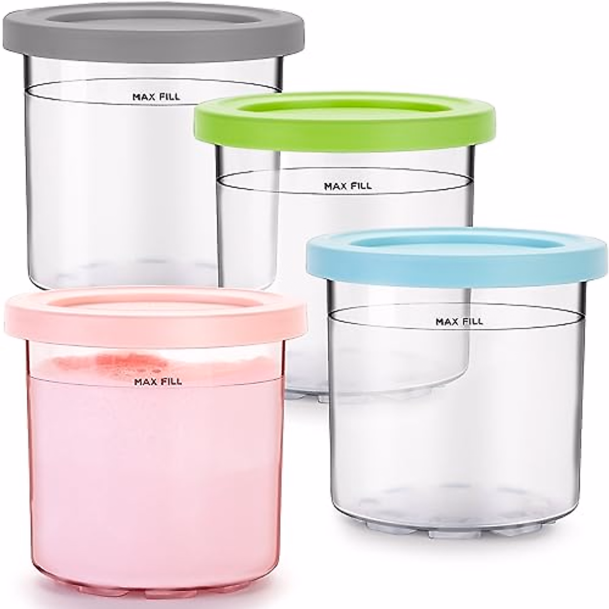 GOHOHOF Ice Cream Pint Containers for Ninja Creami Pints and Lids - 4 Pack Extra Replacement Pints for Ninja Creami NC301, NC300, CN301CO, CN305A NC301Series 7-in-1 Ice Cream Maker Colored Lids