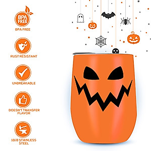 Modern Elegance Wine Tumbler with Lid Halloween Wine Glass – Cute Pumpkin Insulated Cup with Straw and Cleaning Brush – 12Oz Stainless Steel Tumblers Halloween Mug (Pumpkin - Orange)