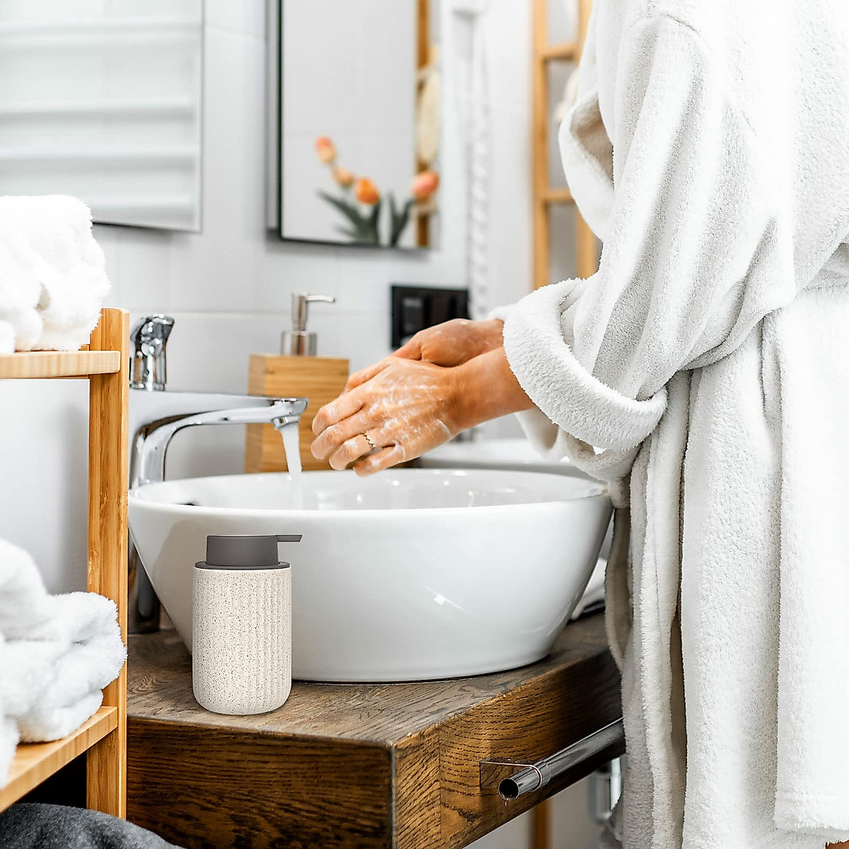 LALA DOLCE Foam Dispenser - Hand Pump Dispenser Beige Foaming Soap Dispenser Ceramic Dish Liquid Dispenser for Kitchen Bathroom Hand Wash Bottle (13.5oz/400ml Beige)