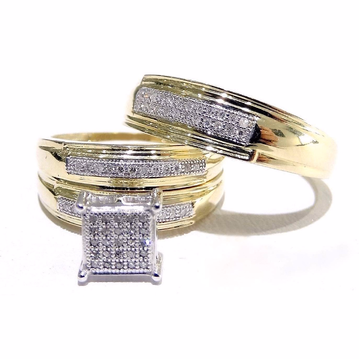 Rosie Collection Round Cut D/VVS 1 Diamond Men's Women's Matching Wedding Ring Set 14K Gold Over His Her Trio Ring Set Women's Size 10 & Men's Size 10
