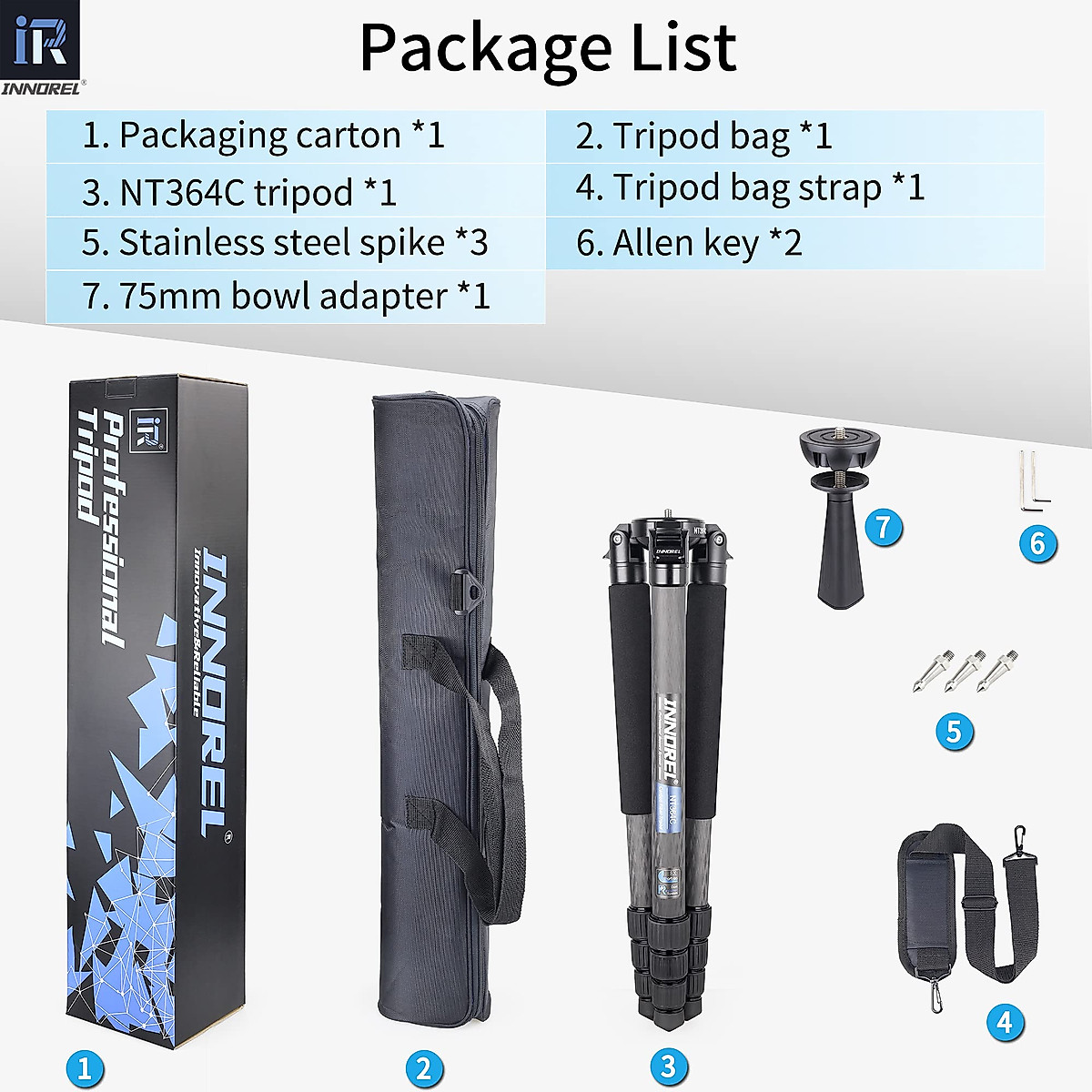 Carbon Fiber Tripod INNOREL NT364C Professional Birdwatching Heavy Duty Camera 55lb/25kg Max Load Bowl Tripod Birdwatching Camera Stand with 75mm Bowl Adapter (Max Tube 36mm, Tripod + Bowl Adapter)