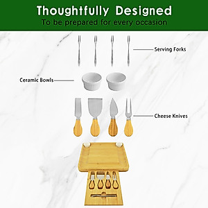 VaeFae Cheese Board and Knife Set, Bamboo Charcuterie Board with Magnetic Slide-Out Drawer and 2 Ceramic Bowls