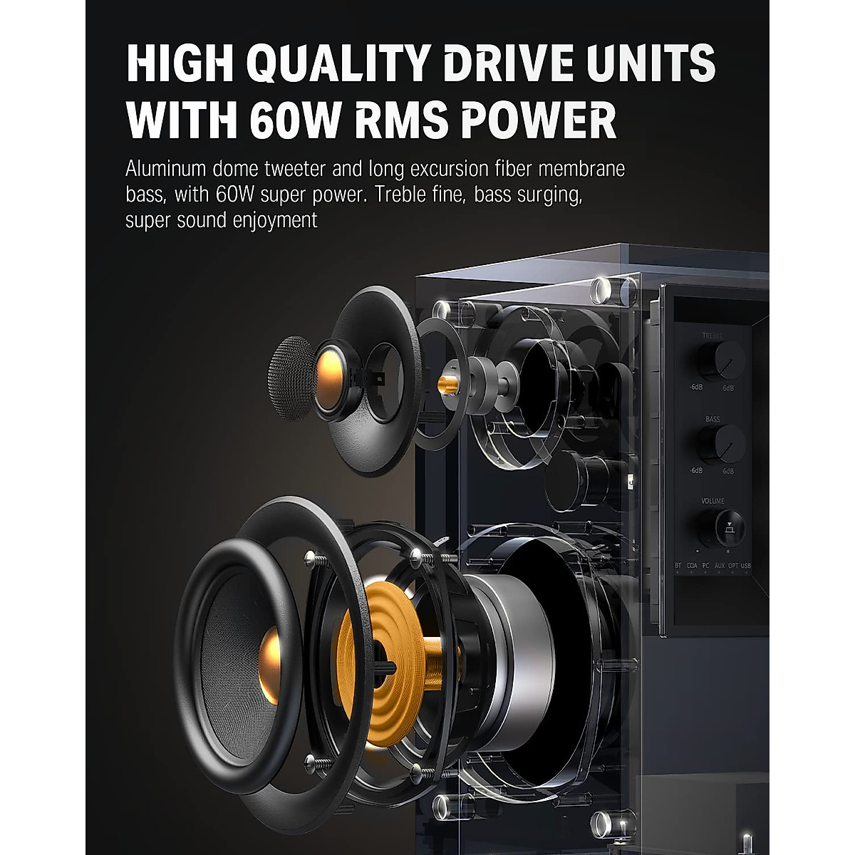 Donner Active Bookshelf Speakers with 60W RMS Powered, Long Stroke Stereo Speakers with Bluetooth 5.0/Coax/Opt/USB DAC/Double RCA Input and Subwoofer Output, Home Audio System - A40D