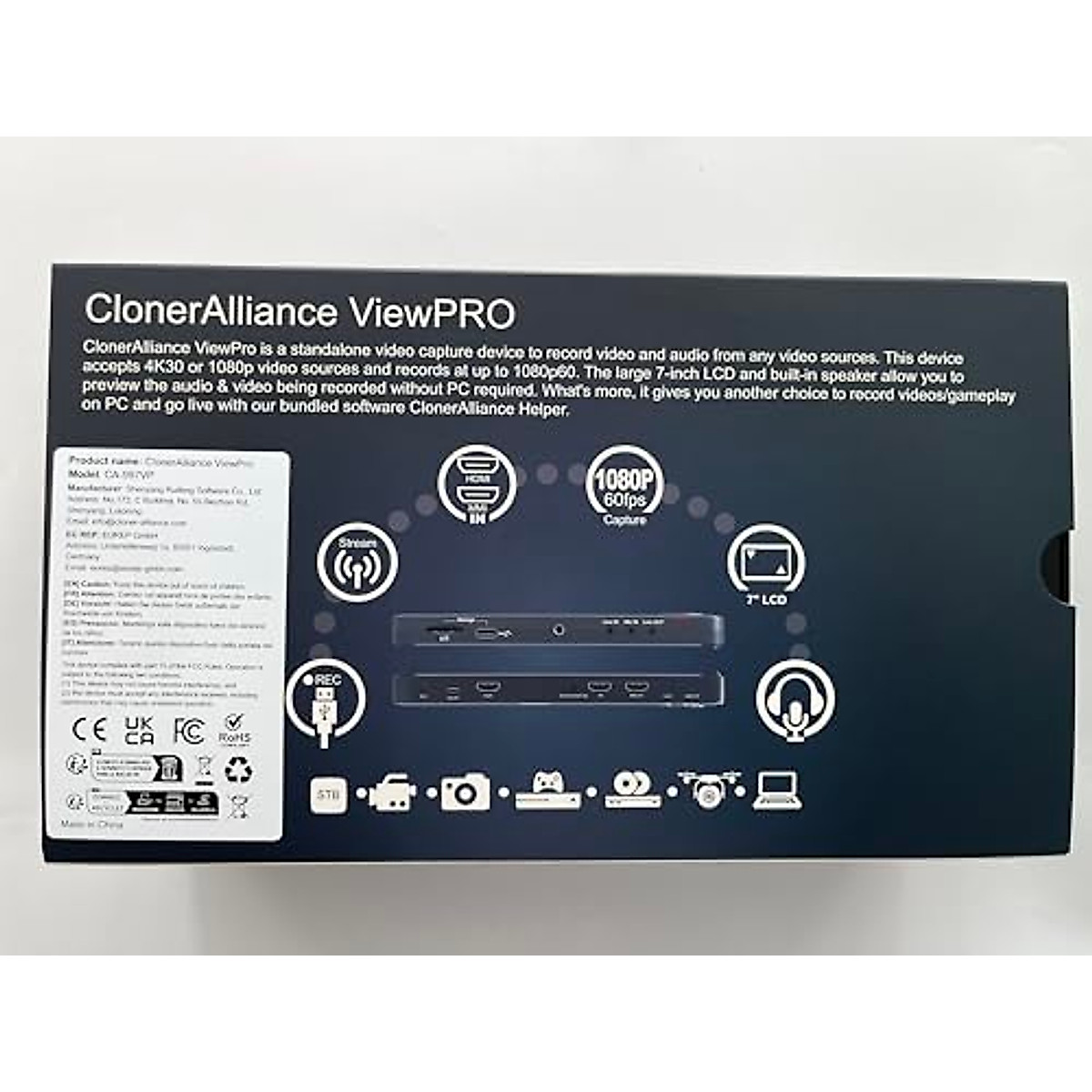 ClonerAlliance ViewPro, Portable 1080p@60fps HDMI Video Recorder and Playback with 7" LCD, AV/VGA/YPbPr Inputs. Schedule Recording. No TV is Required.