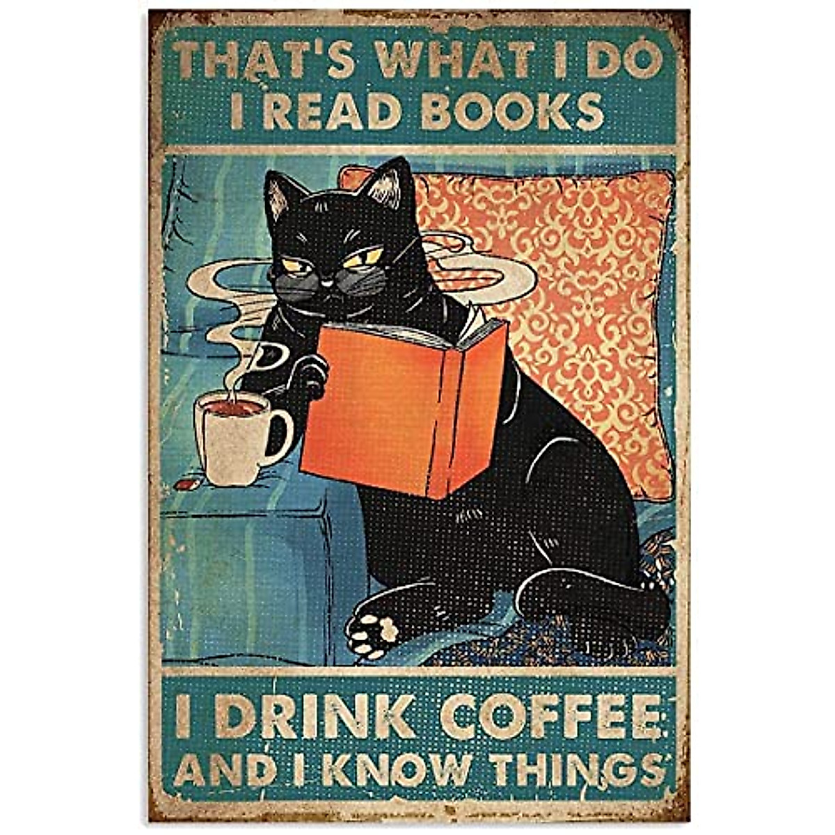 Yepzoer Kitty Biscuits Vintage Metal Tin Sign, Read Books Drink Coffee Aluminum Sign Wall Art Decor Metal Sign Decoration Sign