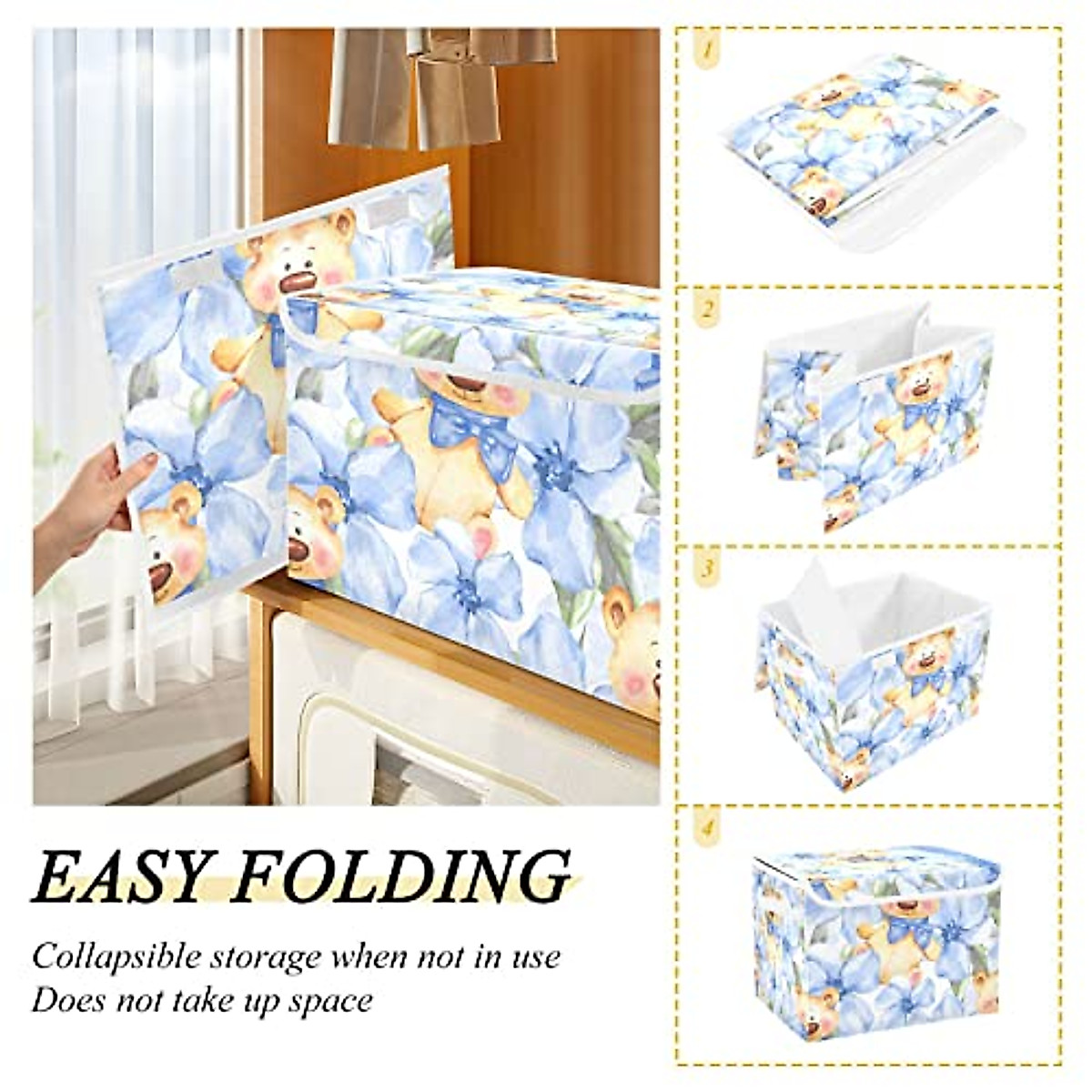 RunningBear Blue Flowers Teddy Bear Large Storage Bins with Lid Collapsible Storage Bin Dog Toy Storage Bin Fabric Storage Baskets for Closet Nursery Cabinet Living Room