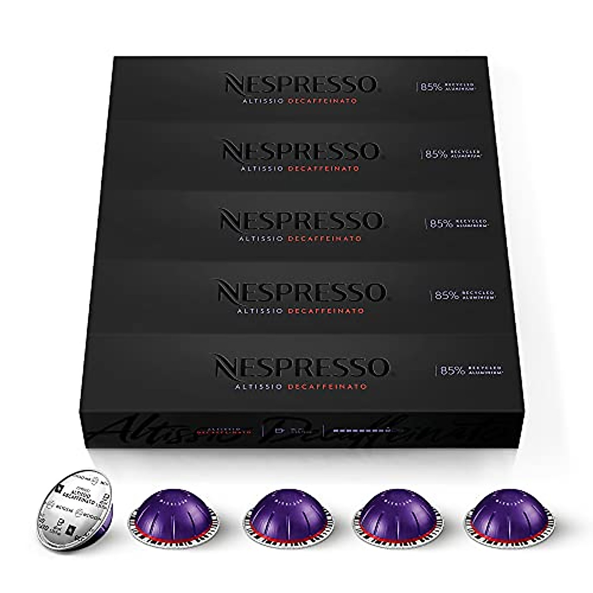 Nespresso Capsules VertuoLine, Altissio Decaffeinato, Dark Roast Espresso, 50 Count Espresso Coffee Pods, Brews 1.35 Ounce (VERTUO ONLY)