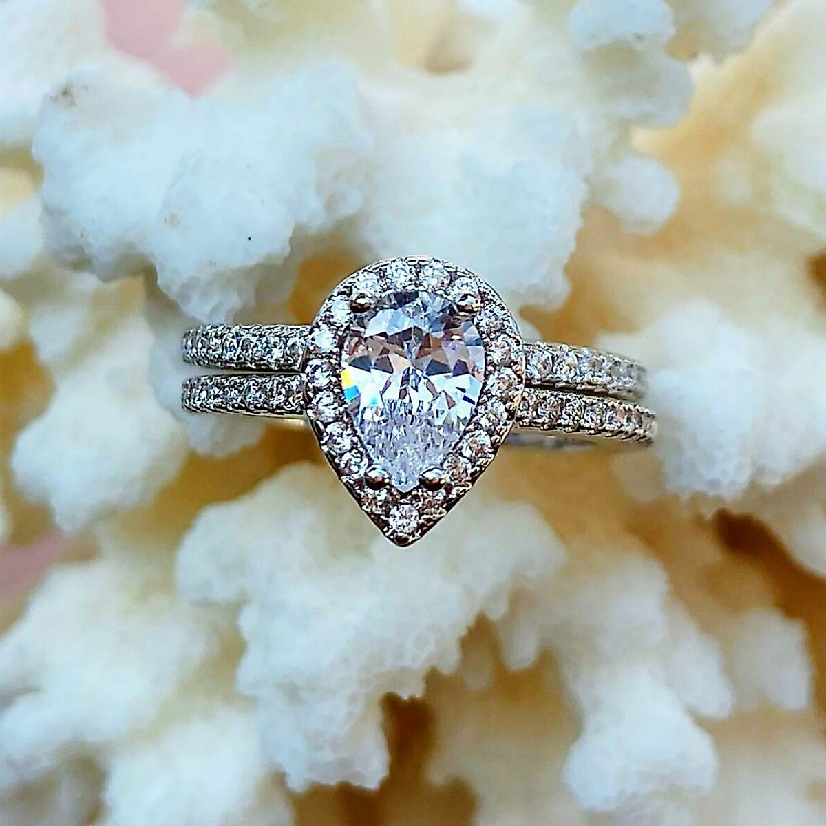 Classic Bridal Ring Set 0.75 Ct Pear Cut Teardrop Halo Ring Eternity Infinity Band Size 4-9 Half Sizes (Silver, 7)