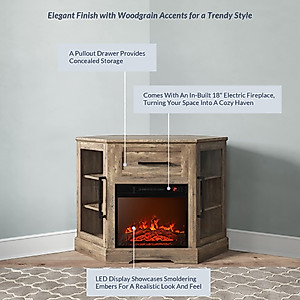 BELLEZE 43" Corner TV Stand with 18" Electric Fireplace Heater for TVs up to 43", Modern Corner Wood Entertainment Center with Glass Door Storage Cabinets - Dale (Rustic Oak)