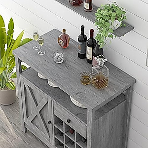 Farmhouse Coffee Bar Cabinet, 32'' Modern Kitchen Buffet Cabinet with Drawer, Coffee Station with Barn Door, 9 Wine Racks, Small Bar Cabinet with Shelf for Dining Room, Wash Gray