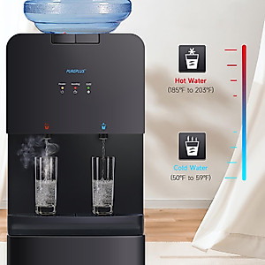 PUREPLUS WATERCOOLER Top Loading Water Dispenser, Hot, Cold & Room Temperature Water, Holds 3 or 5 Gallon Bottles, Child Safety Lock, Compression Refrigeration Technology, Black
