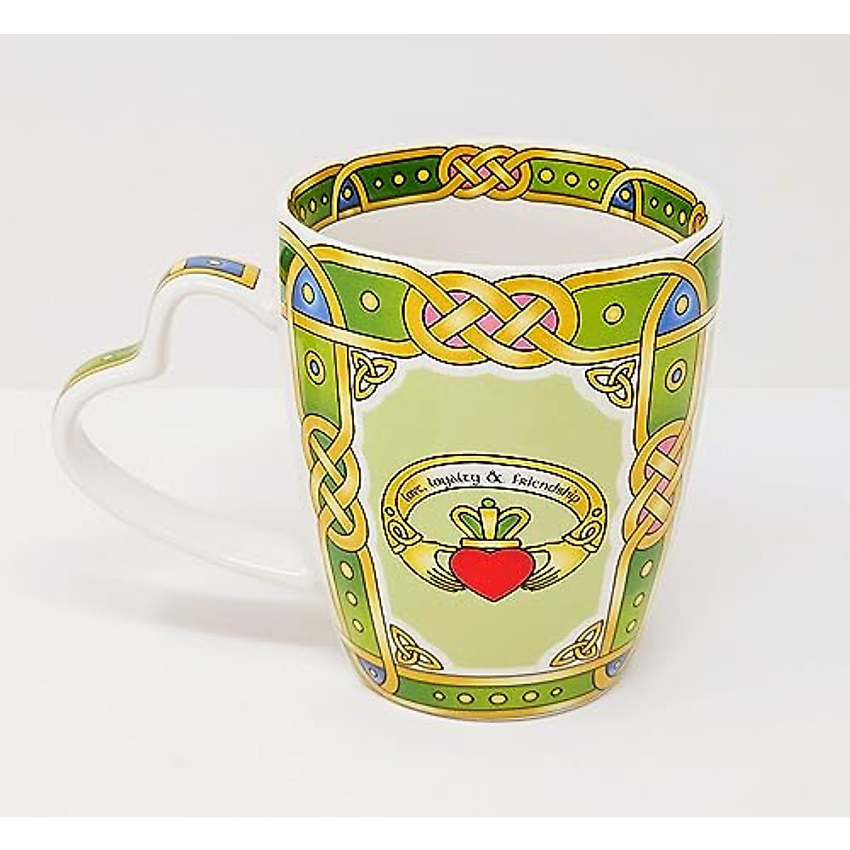 GaelSong Ceramic Irish Claddagh Mug Celtic Colors Design Coffee Tea Cup Hot Drinks Kitchenware Present Housewarming Gift Loyalty Symbol Heart Shaped Handle