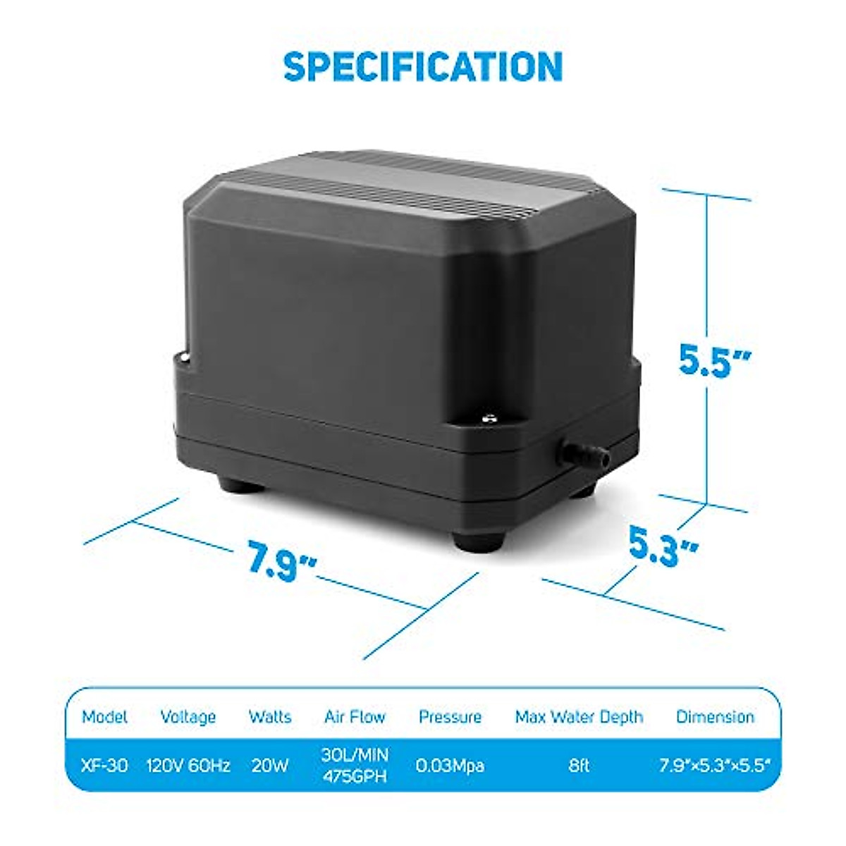 PONDFORSE Quiet Air Pump 475GPH 30L/MIN 20W 4 Outlets Ajustable Airflow for Aquariums, Fish Tanks, Hydroponic Systems