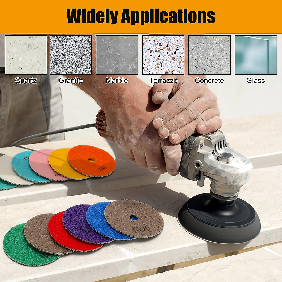 13 Packs 4 Inch Diamond Polishing Pads with Backer Pad, COITEK Wet/Dry Polish Pad Kit for Drill Grinder Polisher 50-8000 Grit Pads for Granite Marble Concrete Polishing