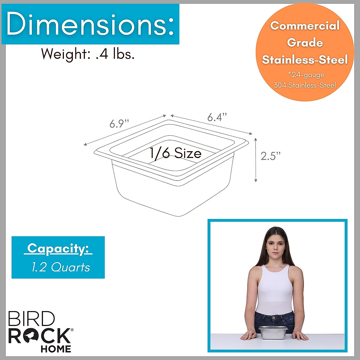 BIRDROCK HOME Stainless Steel Steam Table Pan - Hotel, Restaurant & Catering Supplies - 24 Gauge Steel, 1.2 qt Capacity - Meal Prep, Cooking, & Food Storage Container - 2.5" Depth, 1/6-Size (6 Pack)