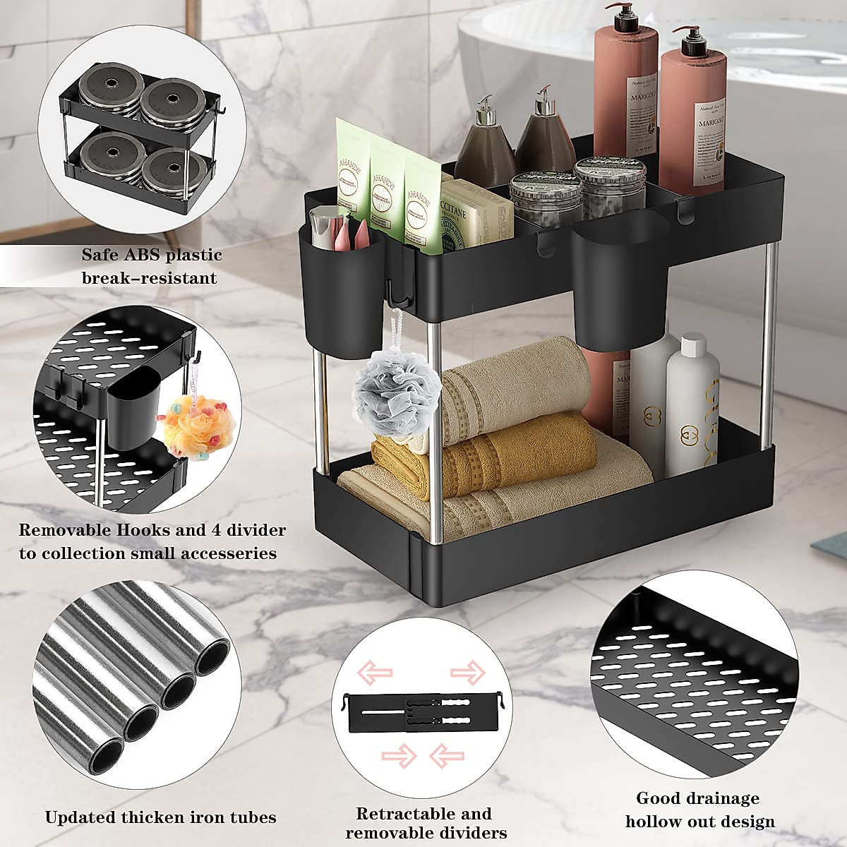 [ 2 Pack ] Under Sink Organizers and Storage, 2 Tier Bathroom Organizer Under Sink Shelf with 4 Removable Dividers , Kitchen Cabinet Storage Caddy Bath Counter Basket with Hooks Dividers Hanging Cups
