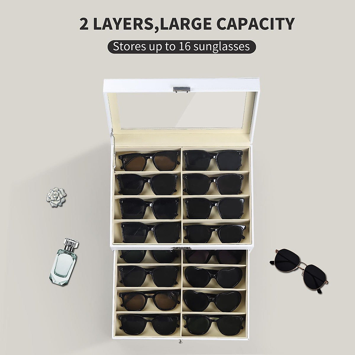 AUTOARK Leather 16 Piece Eyeglasses Storage and Sunglass Glasses Display Drawer Lockable Case Organizer,White,AW-151