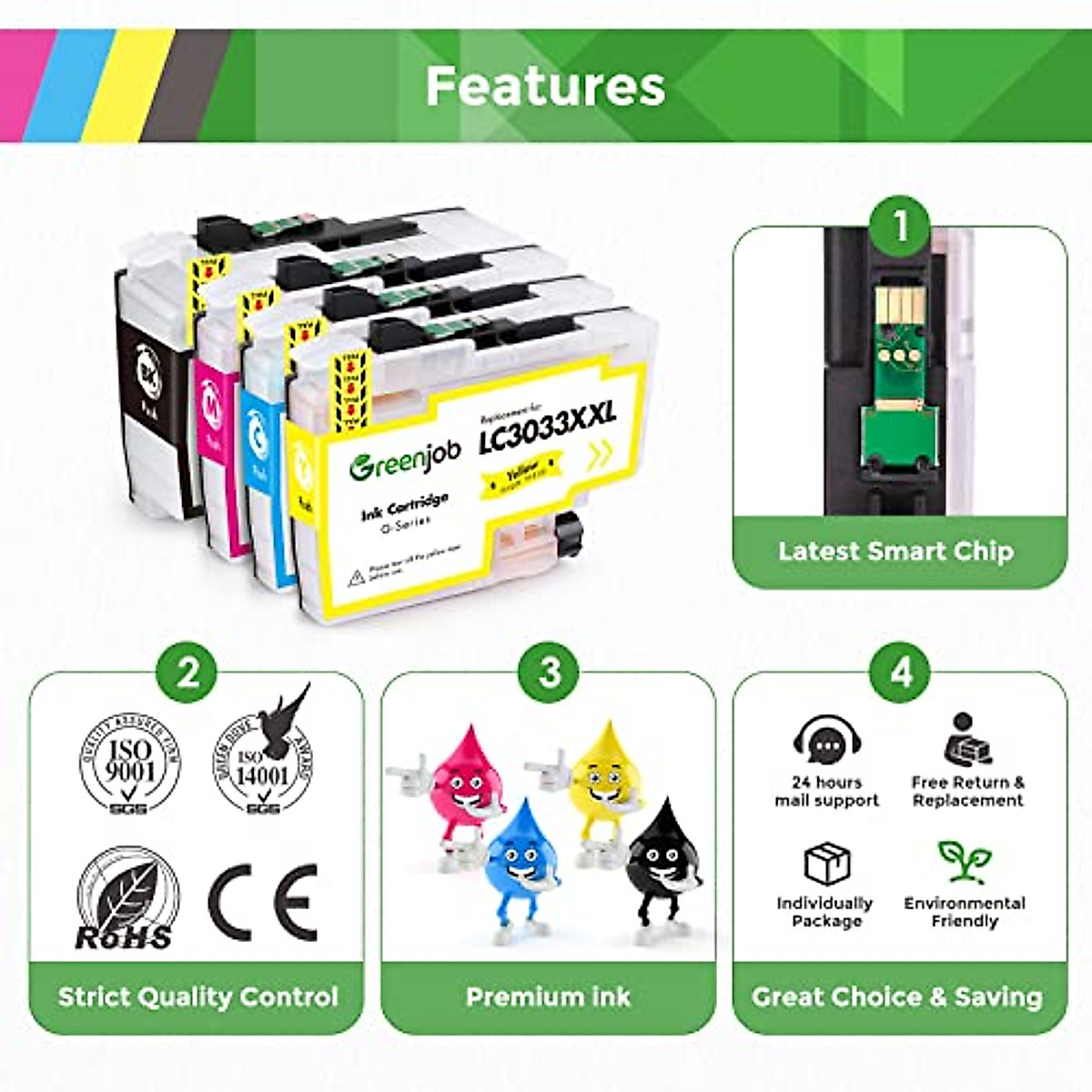 Greenjob Compatible Ink Cartridge Replacement for Brother LC3033 XXL LC3033XXL 3033 LC3035 3035 Work for MFC-J995DW MFC-J995DWXL MFC-J815DW MFC-J805DW MFC-J805DWXL Printer (BK/C/M/Y), 4 Packs