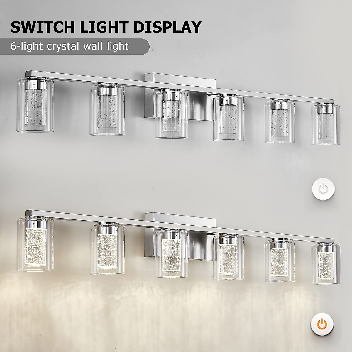 SADENICEL 6 Light Brushed Nickel Bathroom Light Fixtures, LED Vanity Lights Crystal White/Neutral/Warm Bathroom Lights Over Mirror for Bathroom, Bedroom,Living Room (6 Light)