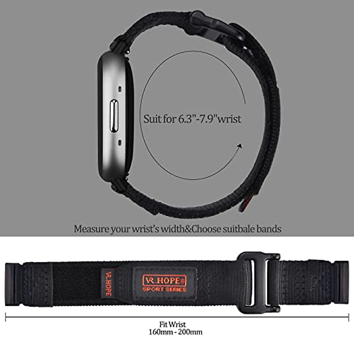 V.R.HOPE Watch Band Compatible with Fitbit Versa 3 / Versa 4 / Fitbit Sense/Sense 2 for Men, Nylon Sport Adjustable Strap Military Tactical Style Replacement Rugged Wristband (Black)