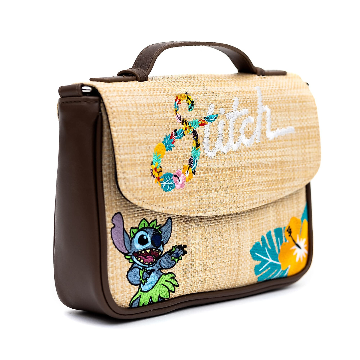 Disney Bag, Fold Over Crossbody, Lilo and Stitch Embroidered Stitch Poses, Raffia Straw