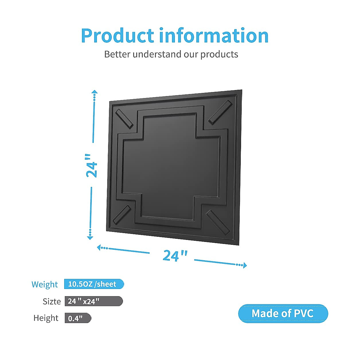 Art3d Decorative Drop Ceiling Tile 2‘x2‘, Glue-up 3D Textured Ceiling Panel, Plastic Sheet in Black(12 Pack)