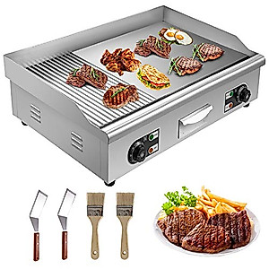 VEVOR 29" Commercial Electric Griddle,Electric Countertop Flat Top Griddle 220V 3000W Half Grooved/Flat,Non-Stick Restaurant Teppanyaki Stainless Steel Grill,Temperature Control 122°F-572°F.