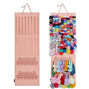 HUHYNN Bow Holder for Girls Hair Bows with Heart-Shape Hangers, Baby Girls Headband Organizer, Wall Hanging Headband and Hair Bow Holder Organizer (Pink)