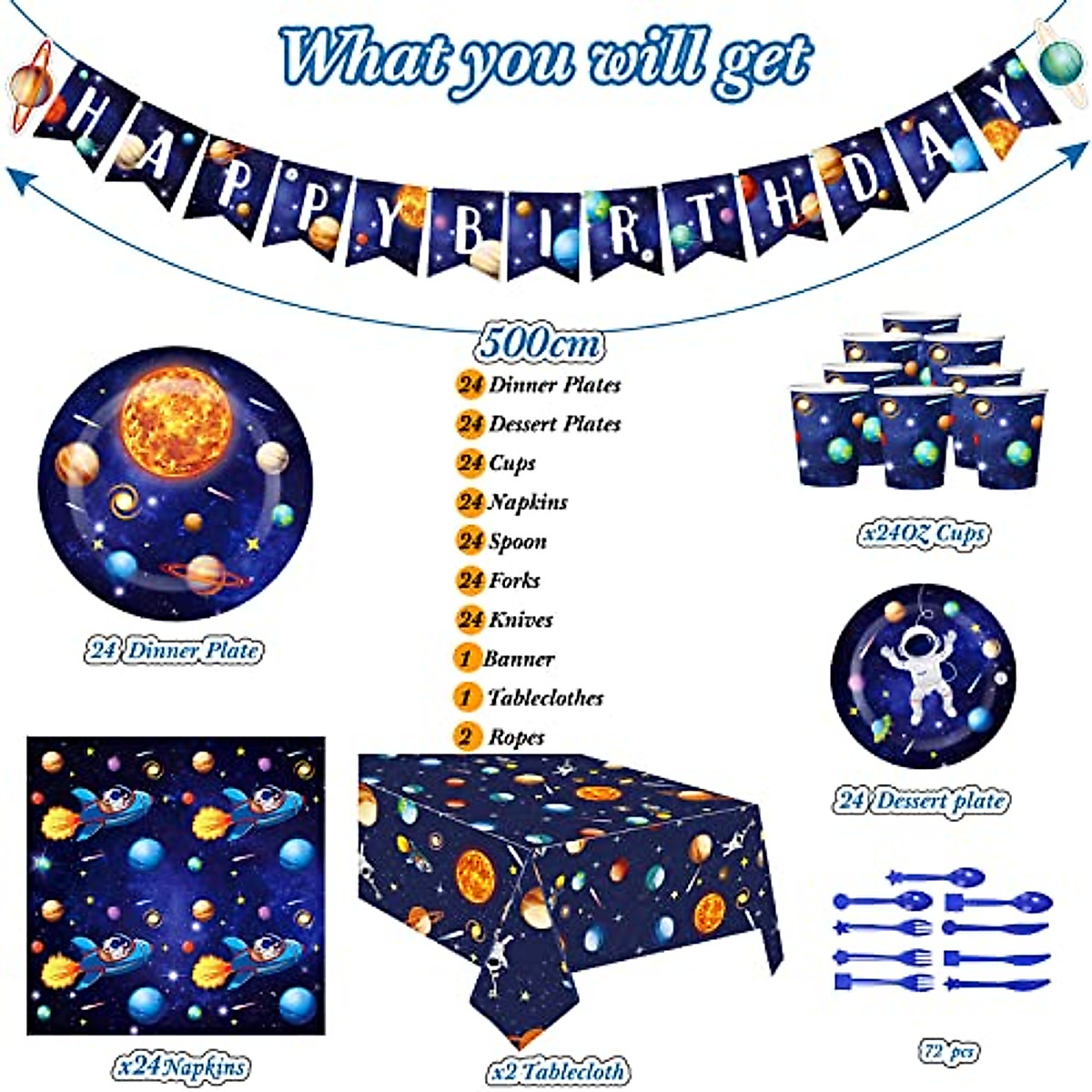 Outer Space Birthday Party Supplies Serve 24 Space Party Tableware Set Including Happy Birthday Banner Solar System Tablecloth Paper Plates Cups Napkins Knives Forks Spoons for Kids Party Decoration